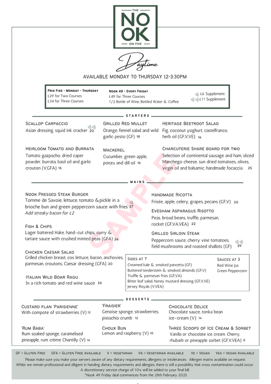 Lunch Menu | The Nook - Cheltenham Restaurant – The Nook On Five ...