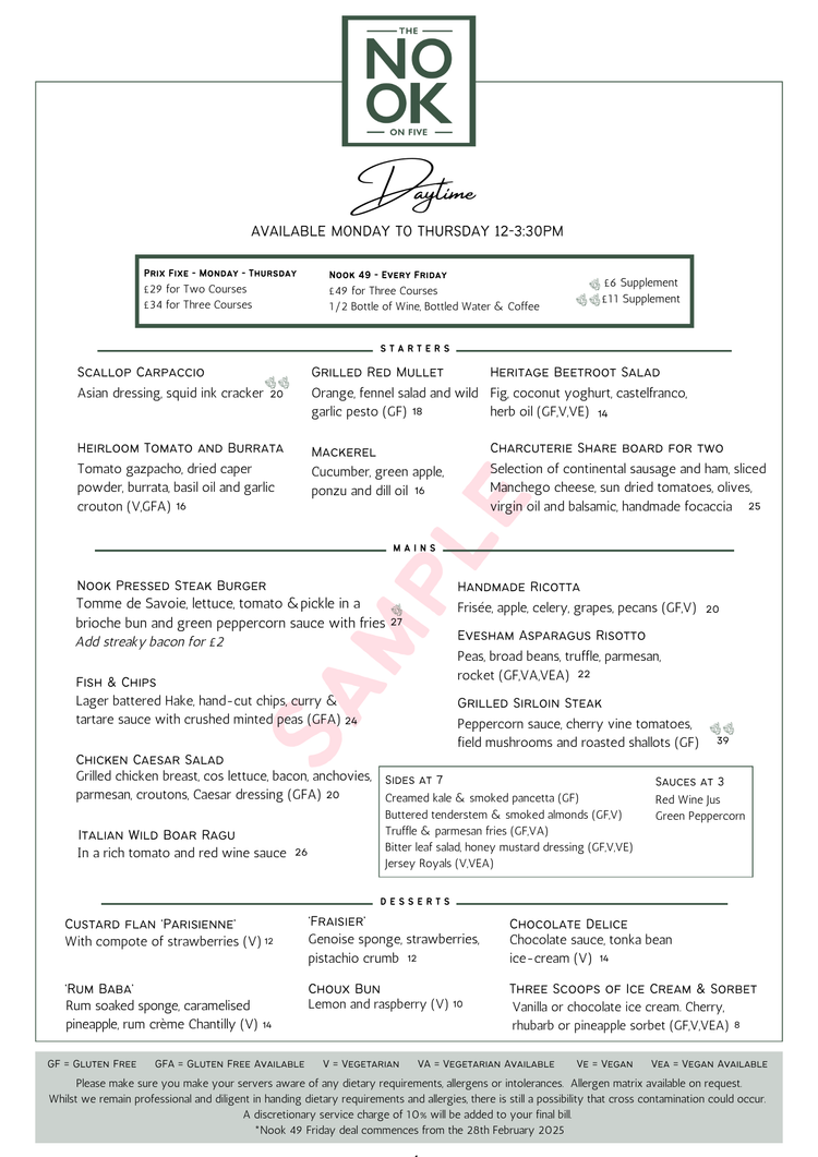 Lunch Menu | The Nook - Cheltenham Restaurant – The Nook On Five ...