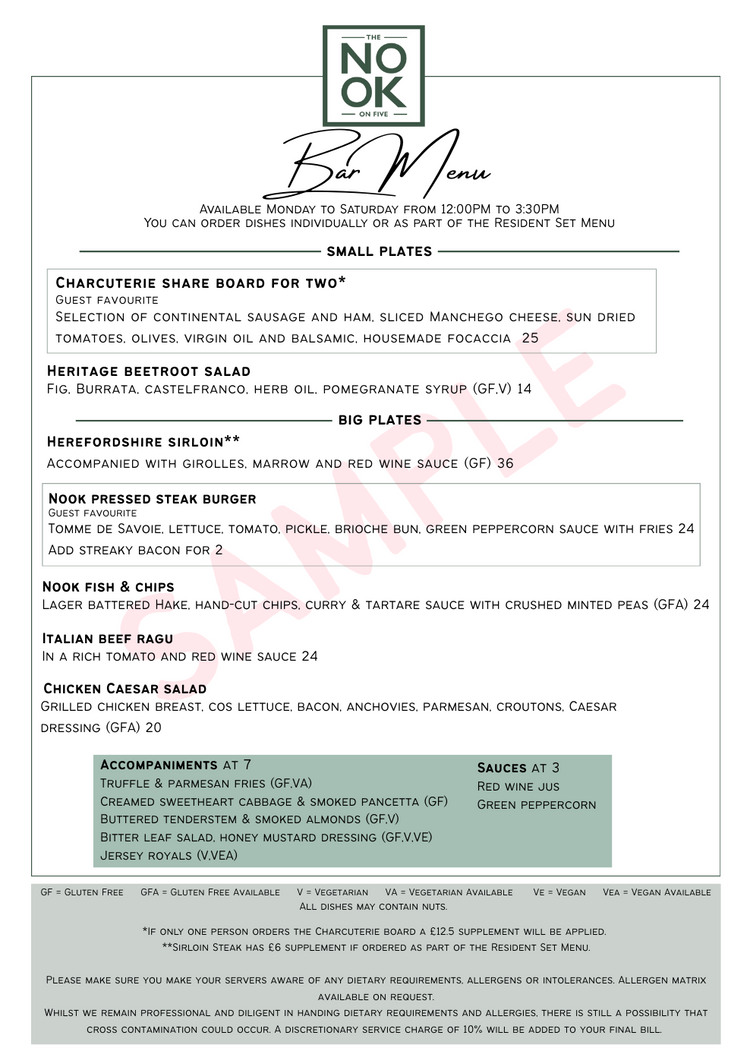 Lunch Menu | The Nook - Cheltenham Restaurant – The Nook On Five ...